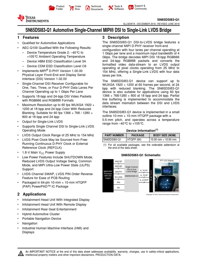 Sn65dsi83 Single-Channel MIPI® DSI To Single-Link LVDS Bridge | Download Free PDF ...