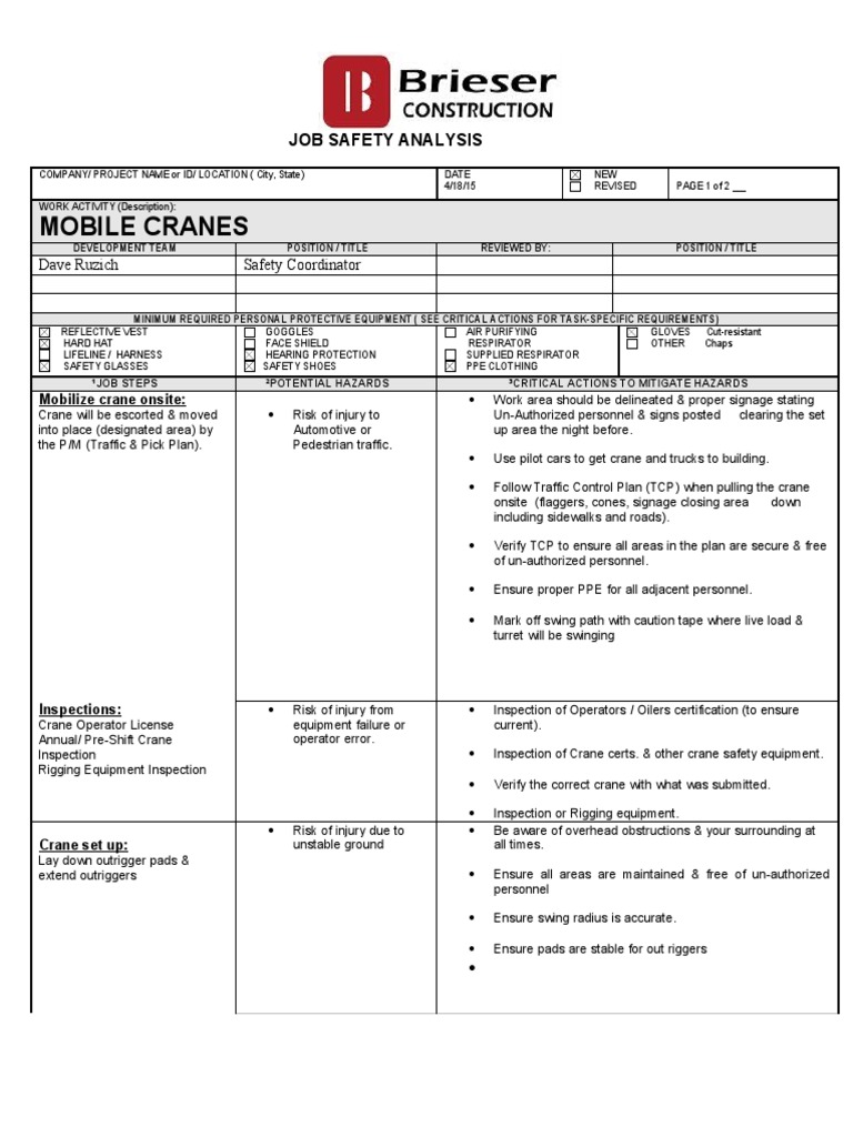 JSA Mobile Cranes | PDF | Personal Protective Equipment | Workplace