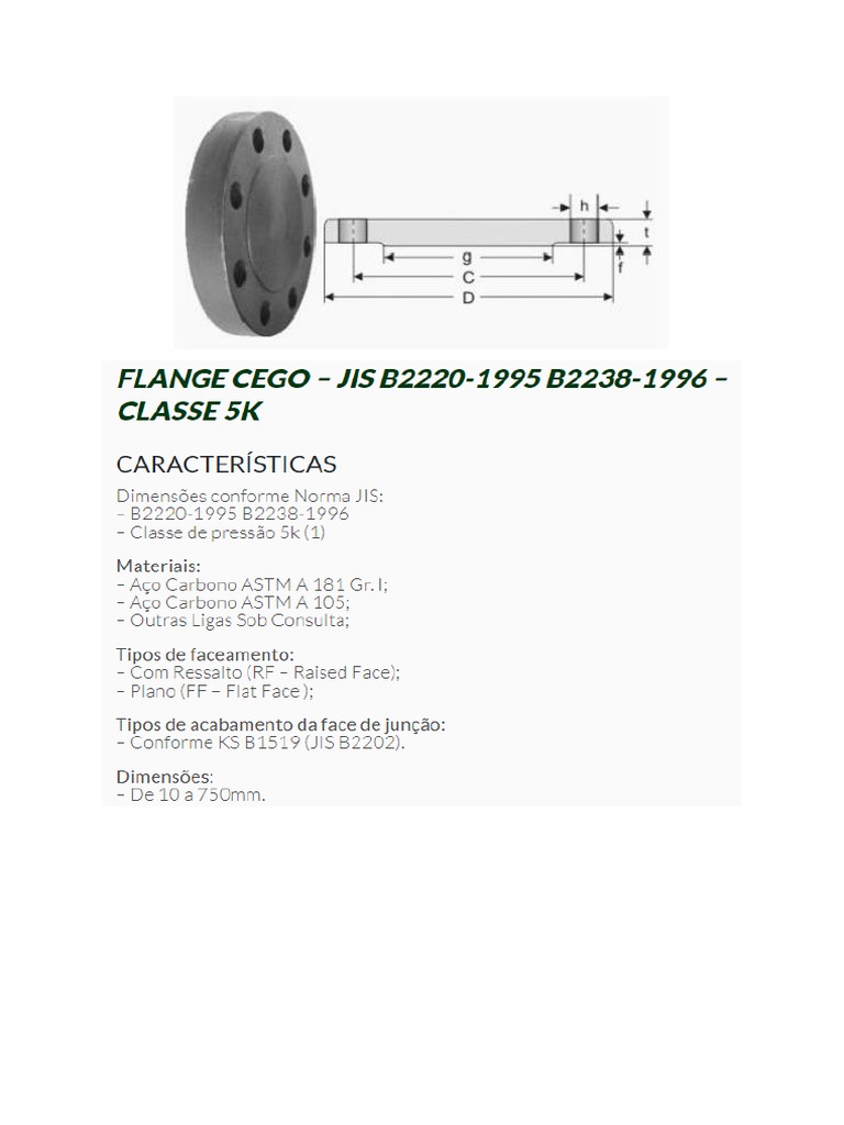 Tabela de Flange Cego Face Lisa Jis Classe 5k | PDF