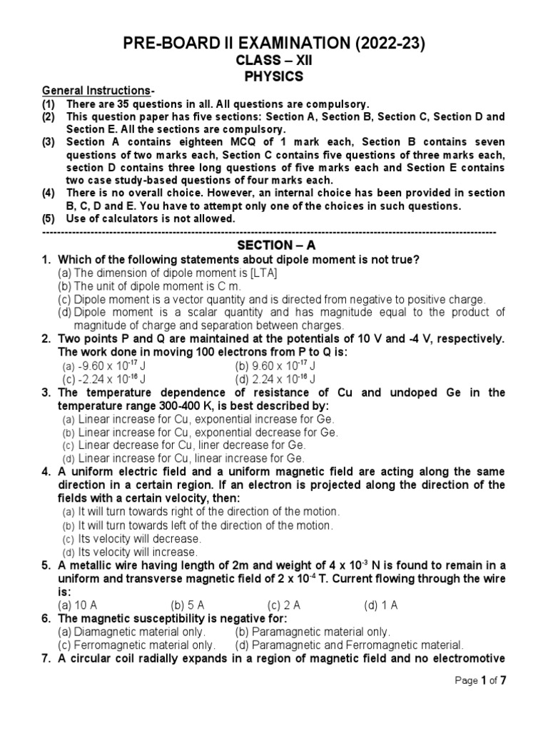 12 - Physics Question Paper (Pre-Board Ii) | PDF | Photoelectric Effect ...
