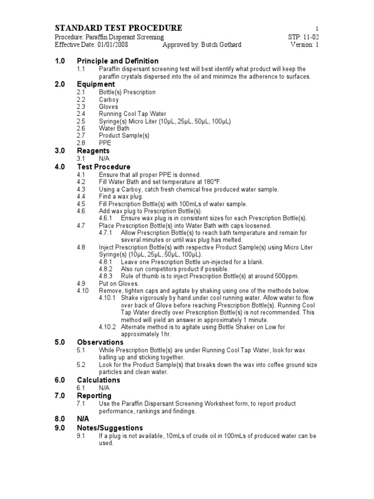 8.10.2 Paraffin Dispersant Screening (STP 11-02) | PDF | Water | Wax