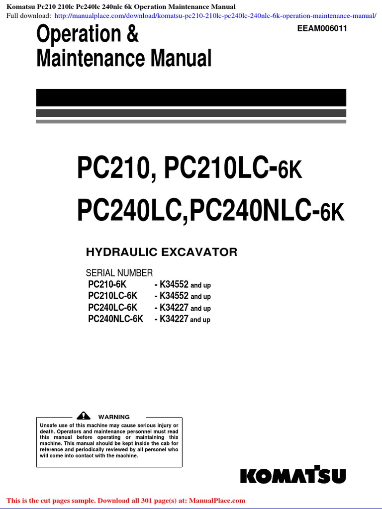 Komatsu Pc210 210lc Pc240lc 240nlc 6k Operation Maintenance Manual ...