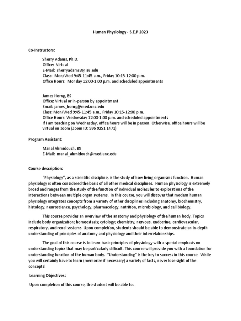 SEP 2023 Syllabus Human Physiology Updated 5-29-23 | PDF | Lecture | Learning