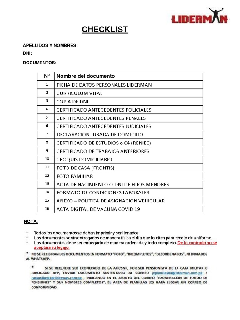 Hoja de Check List | PDF
