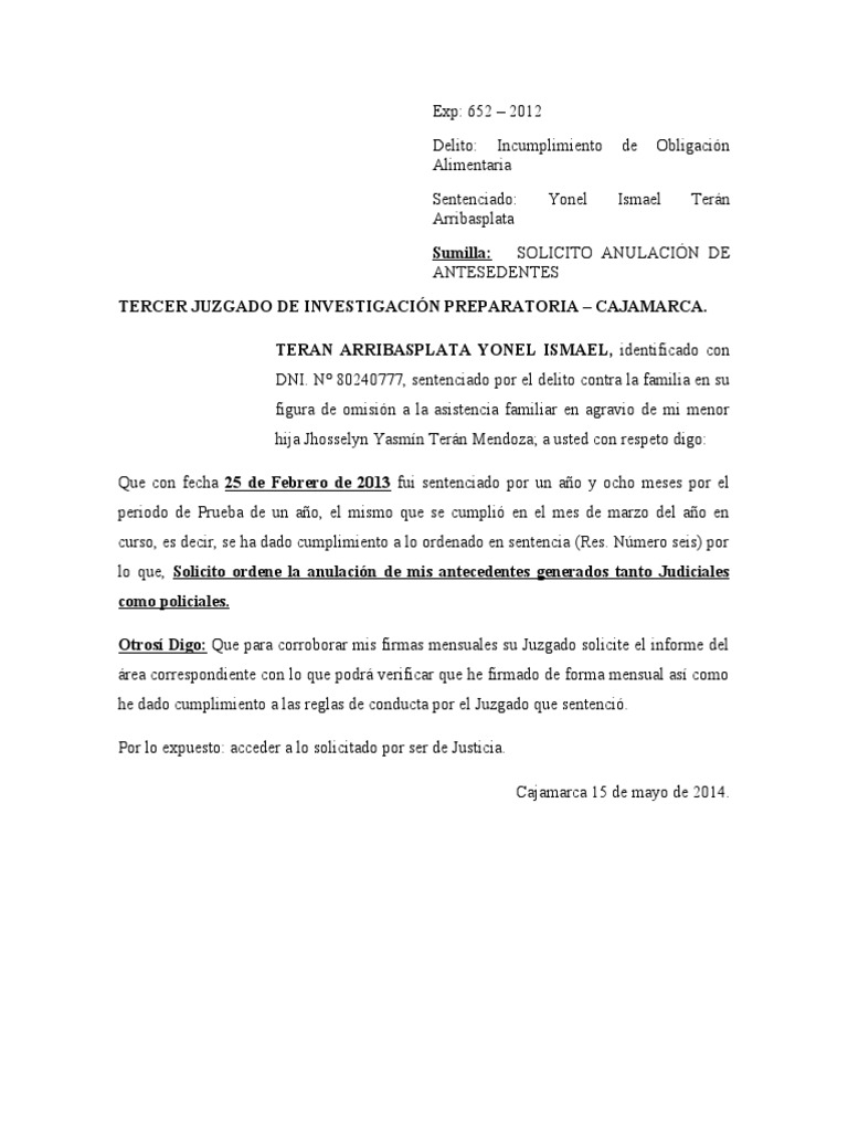 Solicita Anulación de Antecedentes | PDF | Derecho