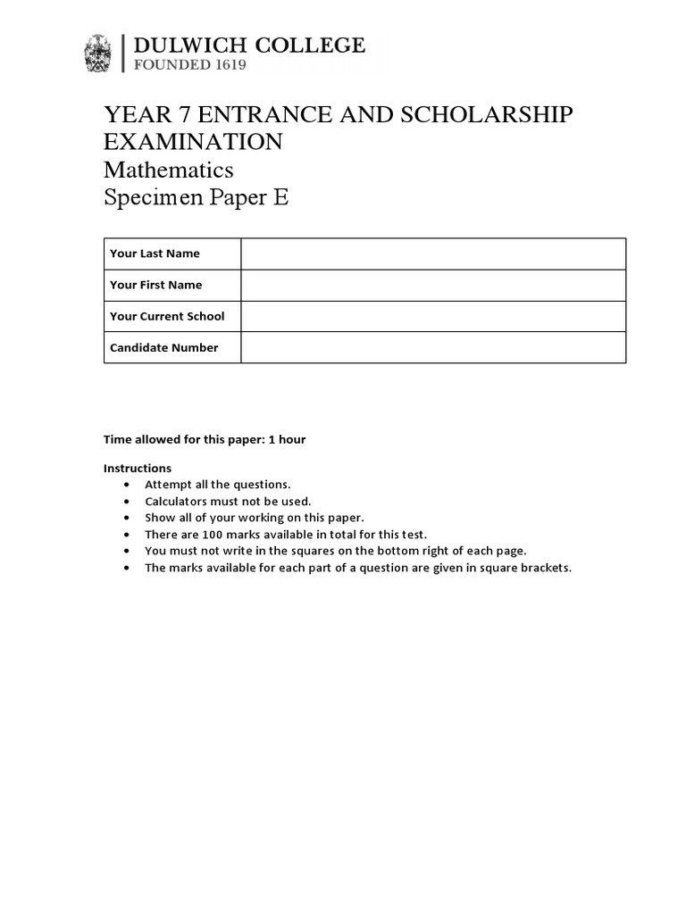 Dulwich College Year 7 Maths Exam Paper | PDF | Area | Elementary ...
