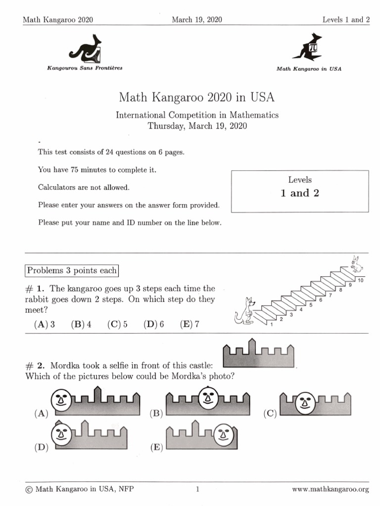 Math Kangaroo 2020 Sample Problems | PDF
