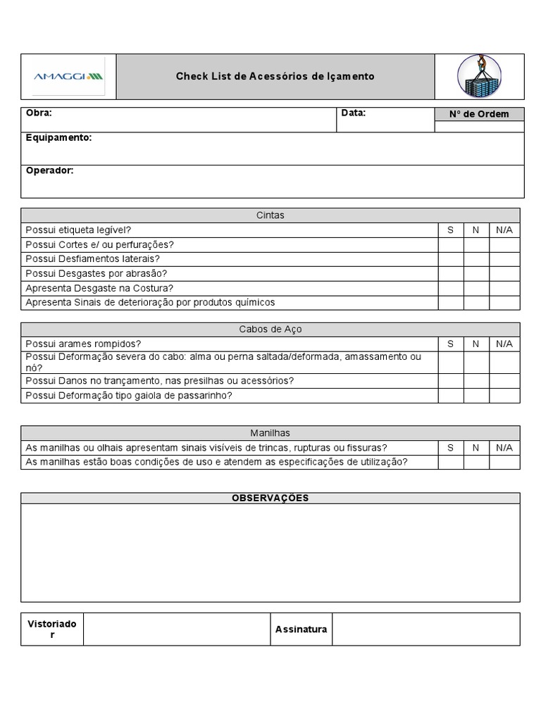 CHECK LIST ACESSÓRIO IÇAMENTO | PDF