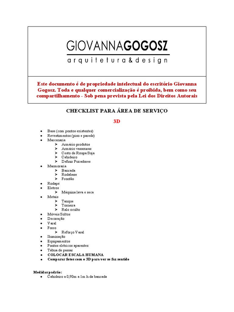 Checklist Área de Serviço | Download grátis PDF | Projeto arquitetônico ...