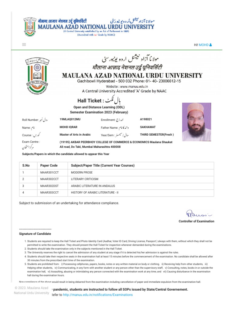 MANUU UMS - Student Dashboard | PDF