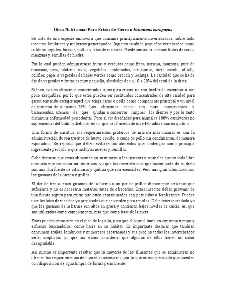 Alimentación de Erizos de Tierra | PDF | Alimentos | Dieta
