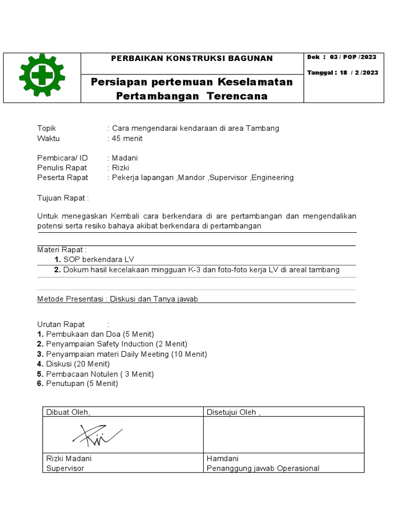 SK 03. FORMULIR PERSIAPAN Keselamatan Terencana | PDF