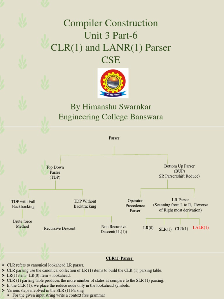 Compiler Construction Unit 3 Part 6 Clr 1 And Lanr 1 Parser Cse Pdf Parsing Formalism