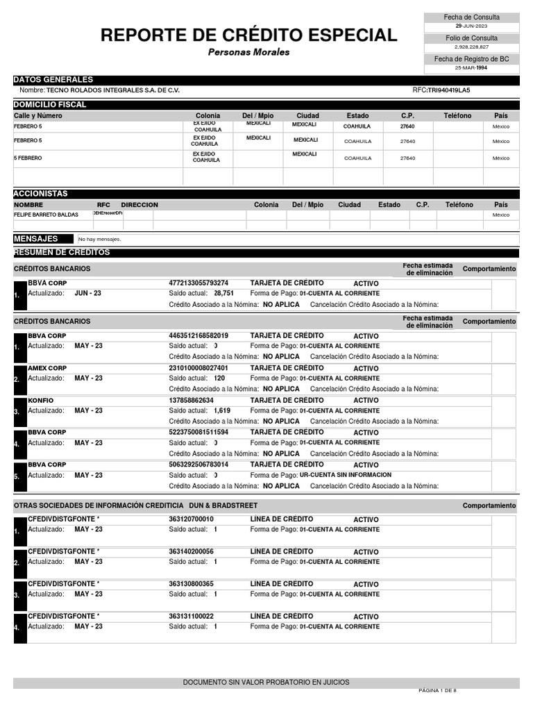 Reporte de Crédito Especial: Personas Morales | PDF | Tarjeta de crédito | Finanzas personales