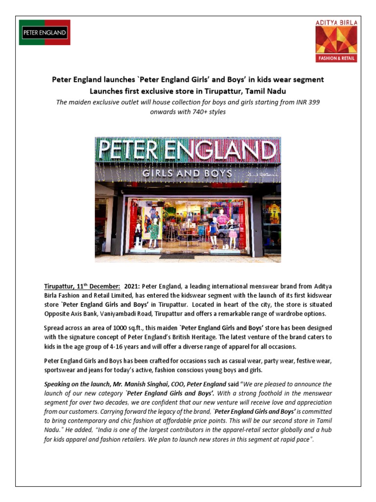 Peter England Launches Kidswear Store in Tamil Nadu | PDF | Clothing ...