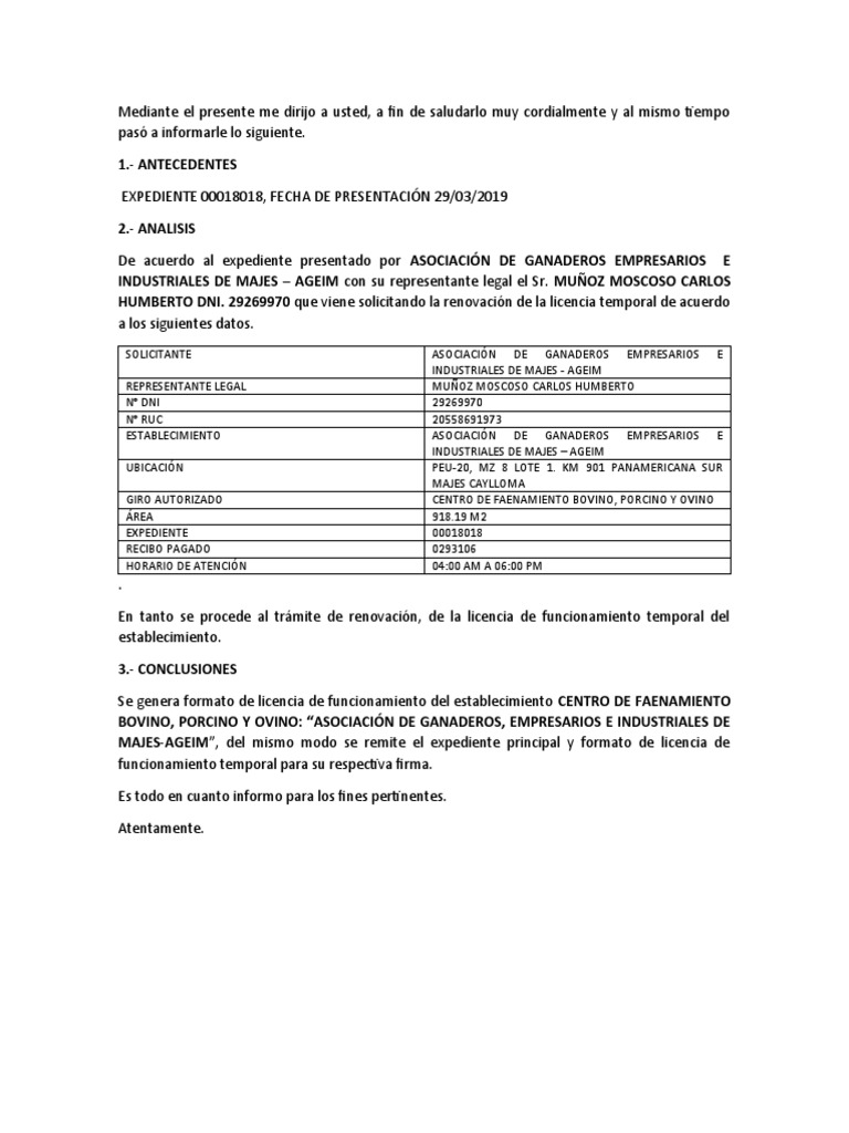 INFORME 004 Licencia RENOVACIÓN AGEIM de Funcionamiento Temporal | PDF