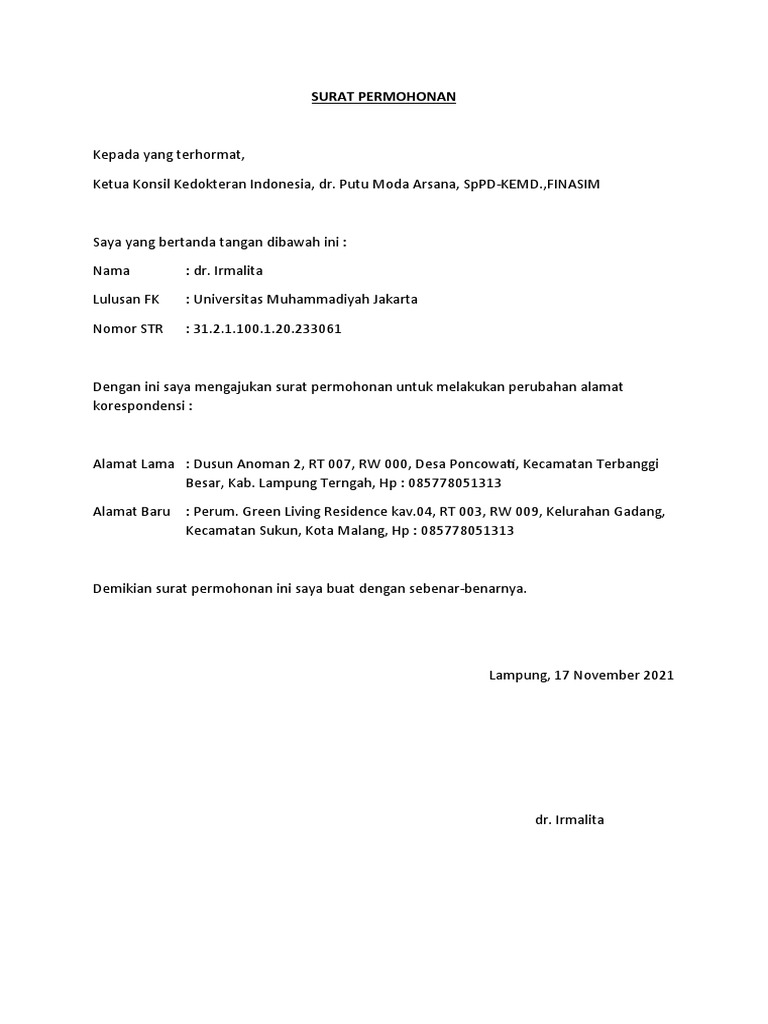 Surat Permohonan Pindah KTP | PDF