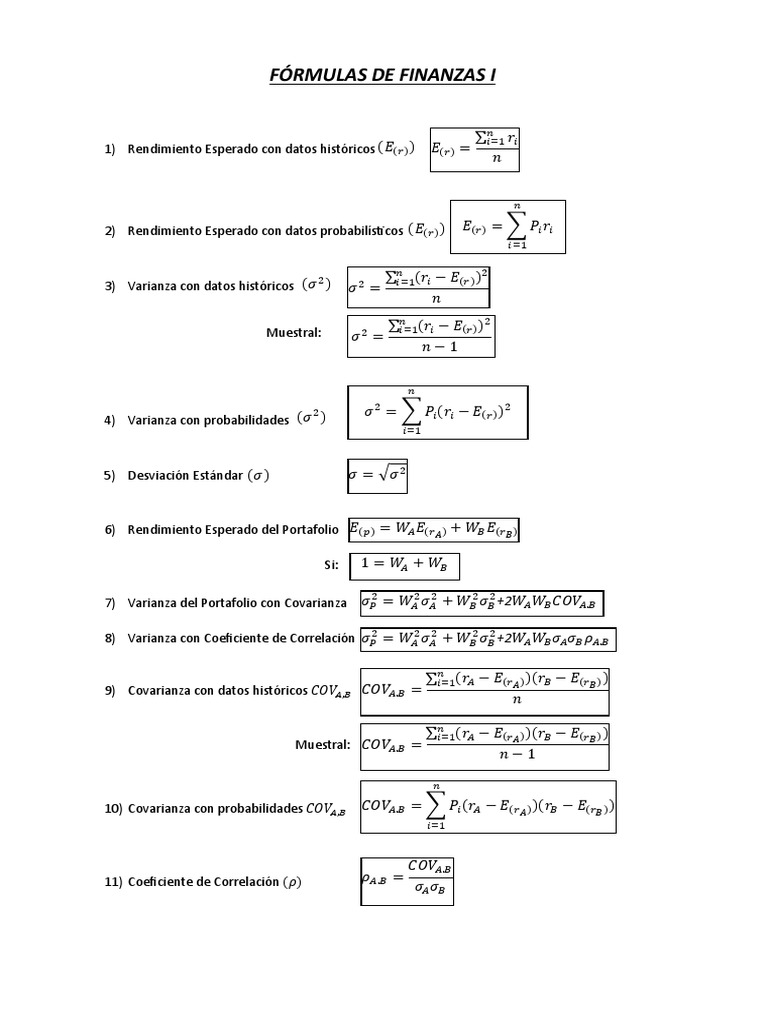 Fórmulas Finanzas I | PDF | Covarianza | Diferencia