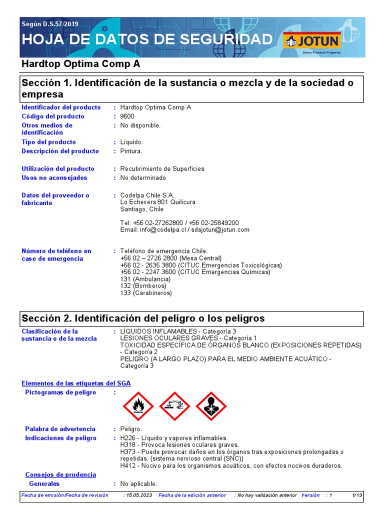 SDS 9600 Hardtop Optima Comp A Spa CL | PDF | Residuos | Contaminación