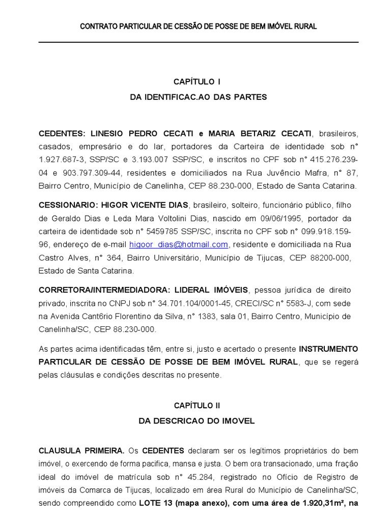 Cessão De Posse De Imóvel Rural Pdf Lei Das Obrigações Consentimento