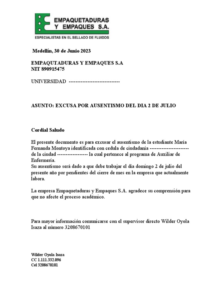 Carta de excusa laboral para universidad | PDF