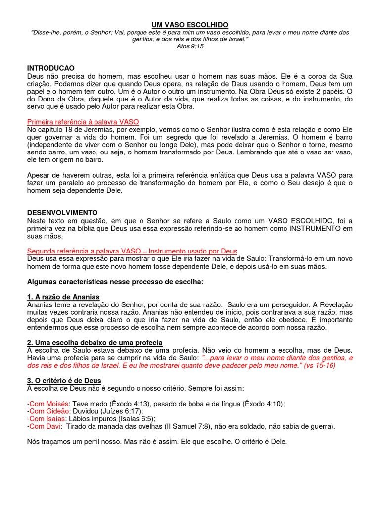 Um Vaso Escolhido Escrito Pdf Deus Apóstolo Paulo