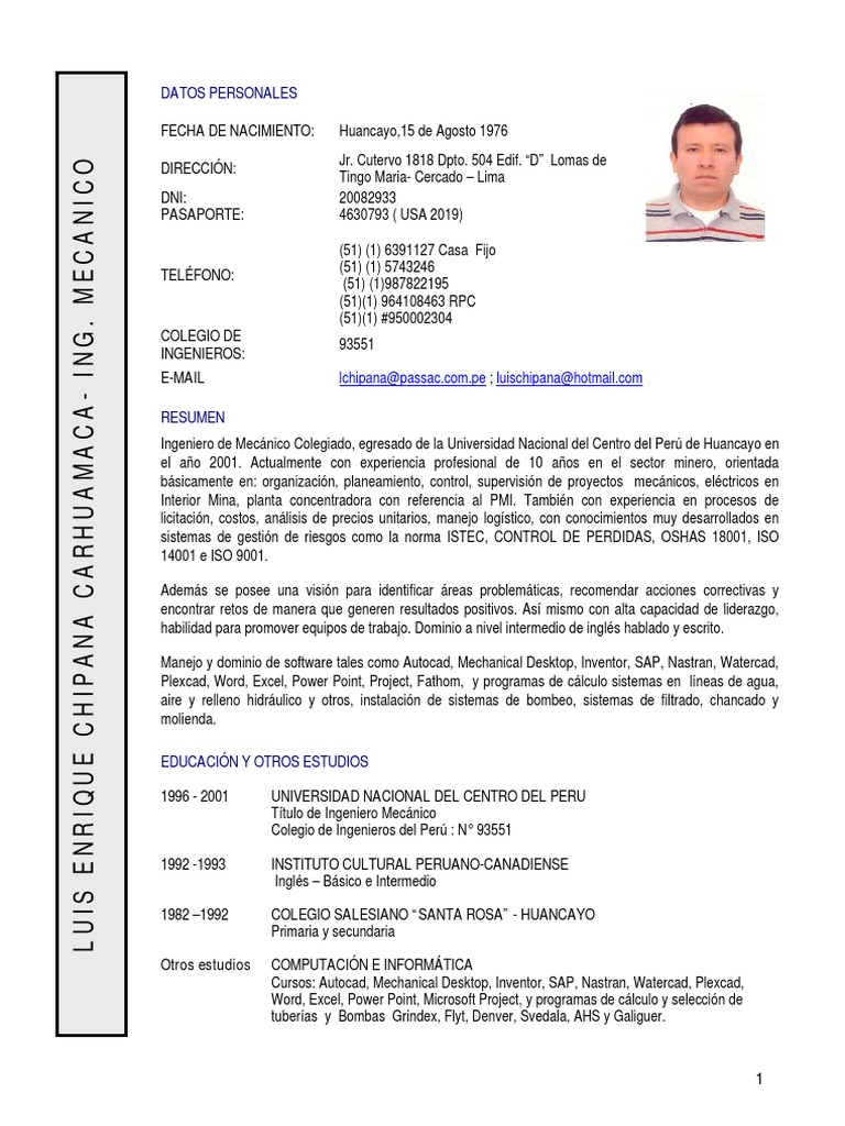 CV Luis Chipana Carhuamaca | PDF | Minería | Ingeniería
