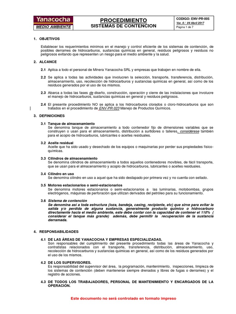 ENV-PR-005 - Sistemas de Contencion - Ver06 | PDF | Residuos | Hidrocarburos