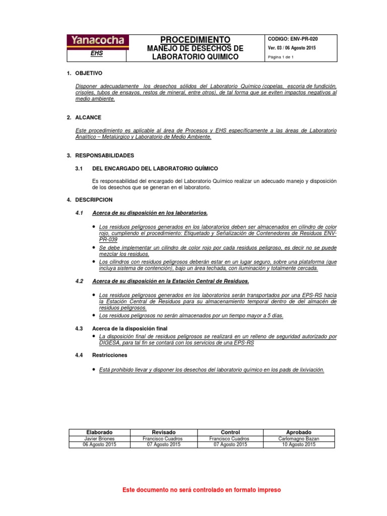ENV-PR-020_Manejo desechos laboratorio quimico_Ver03 | PDF | Residuos | Laboratorios