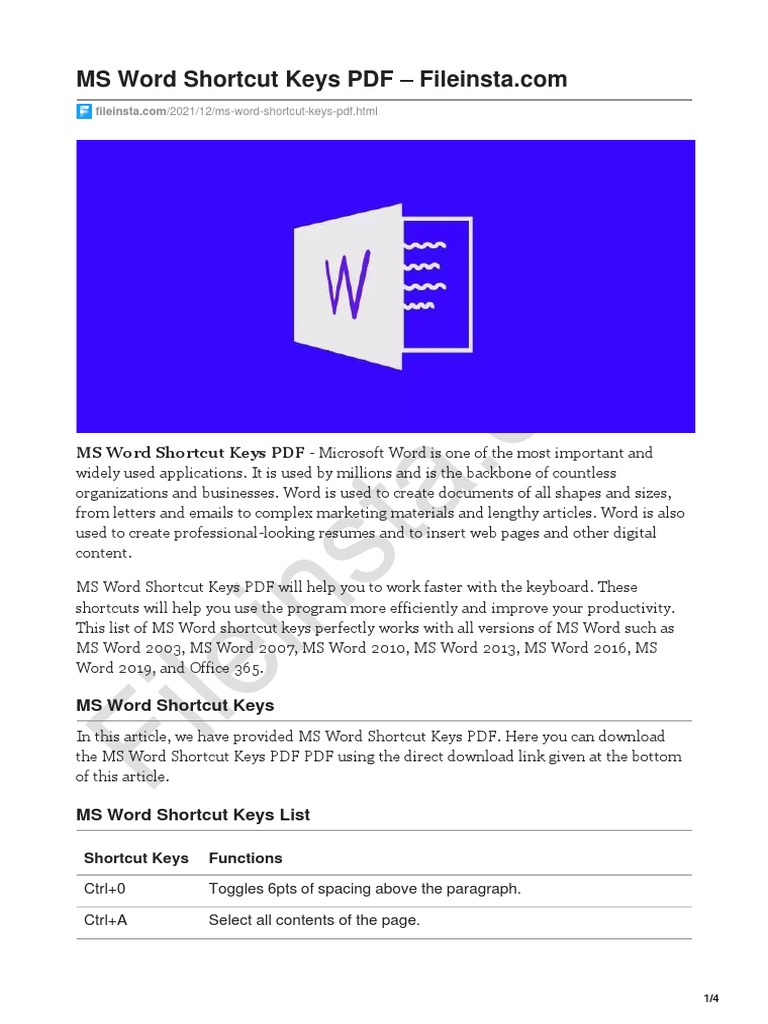 MS Word Shortcut Keys - Fileinsta | PDF | Microsoft Word | Keyboard ...