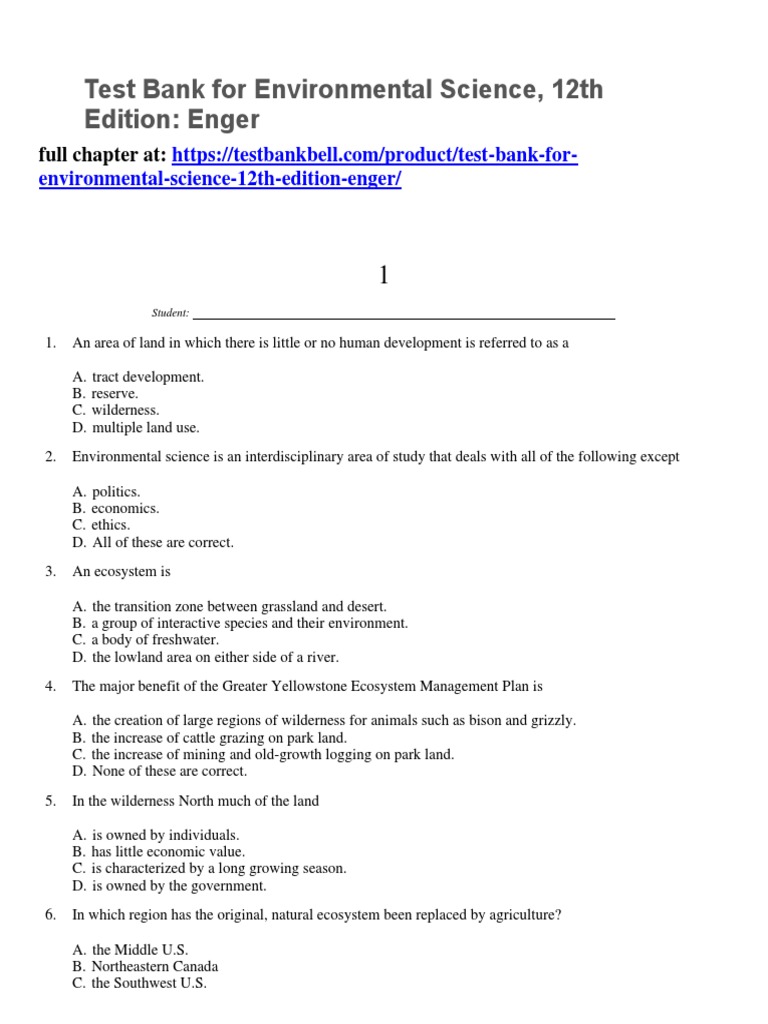 Test Bank For Environmental Science 12th Edition Enger | PDF | Natural ...