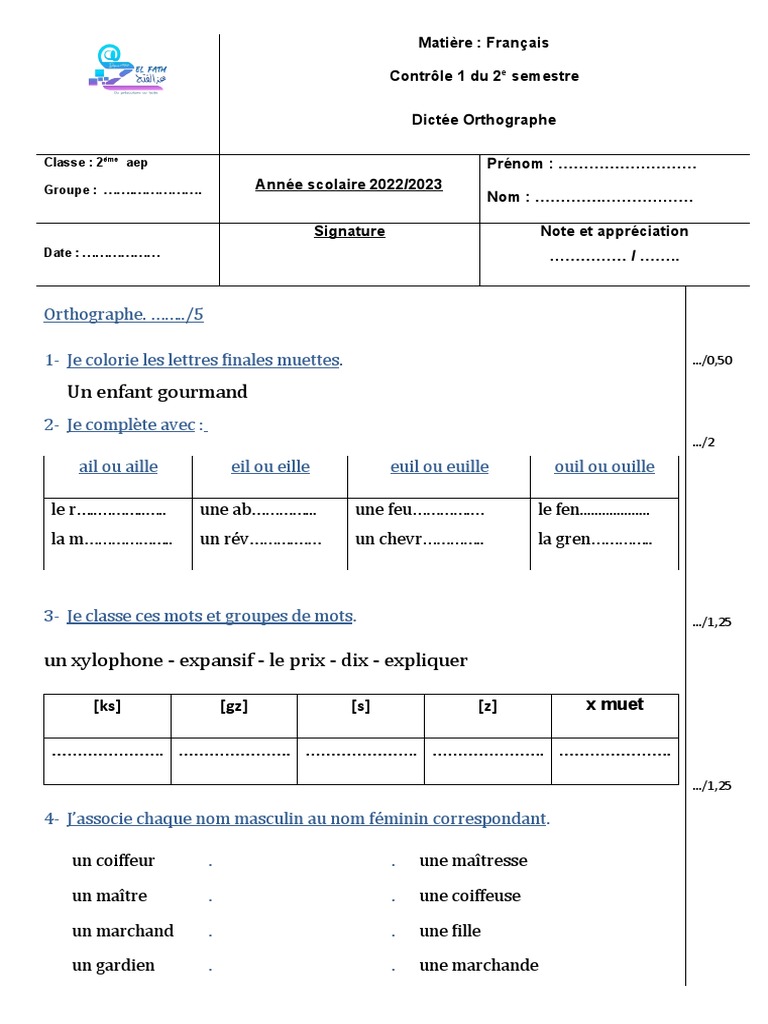 Contrôle Orthographe Dictée 2aep Période 4 | PDF | Études des langues étrangères | Méthodes et ...