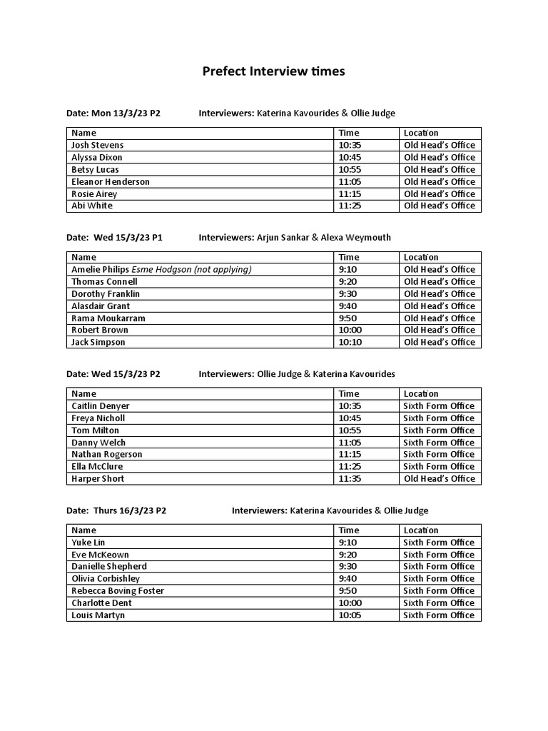 Prefect Interview Times Confirmed | PDF