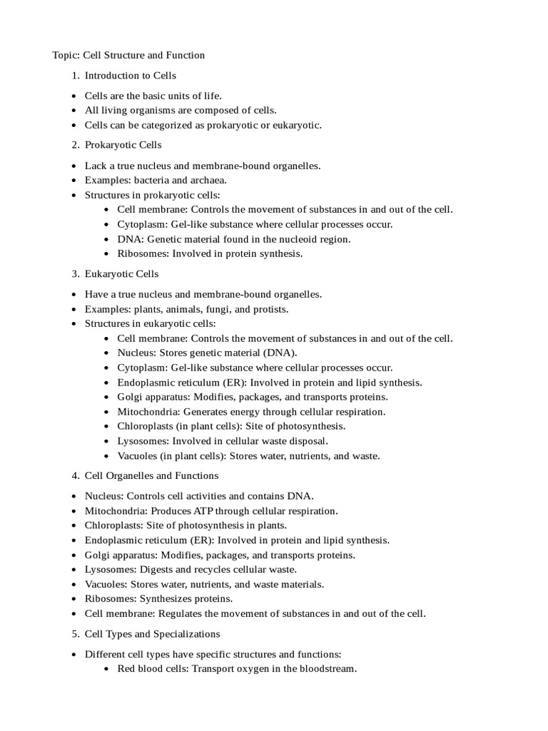 Biology Class Notes: Cell Structure and Function | PDF