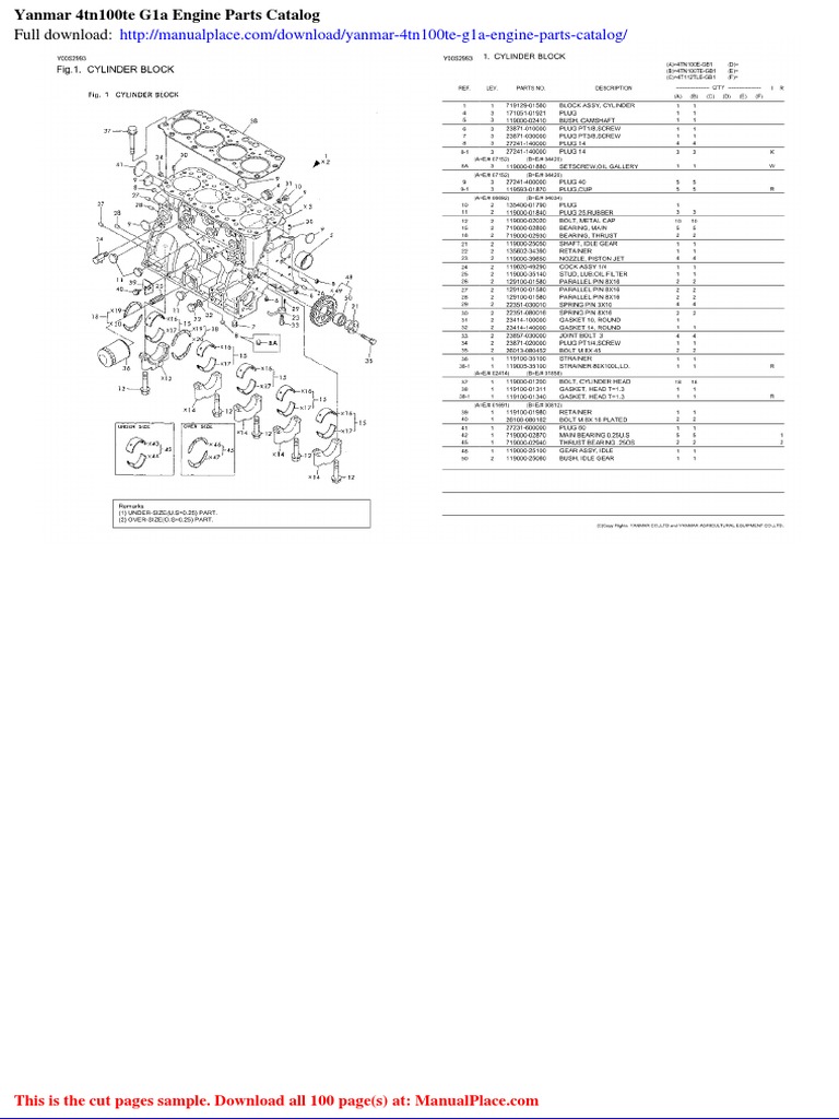 Yanmar 4tn100te G1a Engine Parts Catalog | PDF