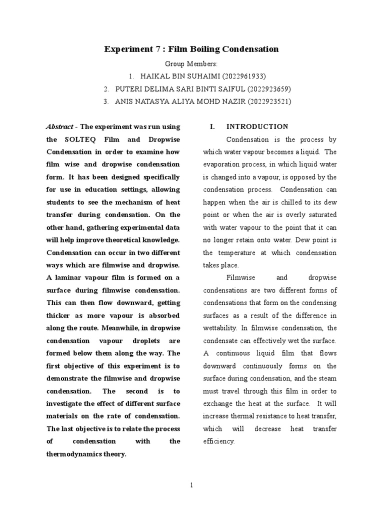 CHE486 - EXPERIMENT 7 (Film Boiling Condensation) UiTM | PDF | Heat ...