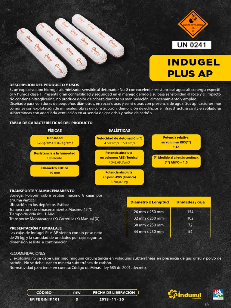 Indugel Plus AP: Explosivo Hidrogel | PDF | Materiales | Ciencias fisicas
