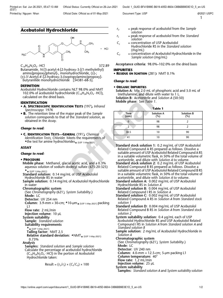 Acebutolol Hydrochloride | PDF | Chromatography | Physical Chemistry