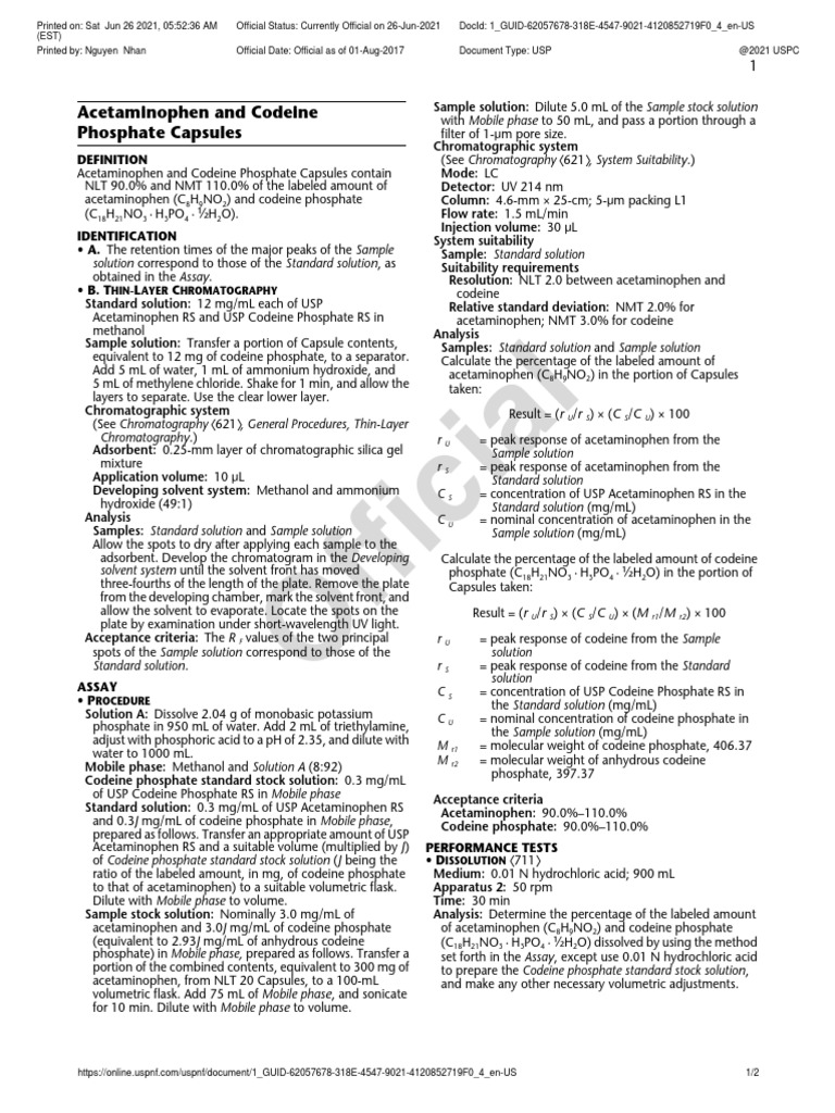 Acetaminophen and Codeine Phosphate Capsules | PDF | Chromatography ...