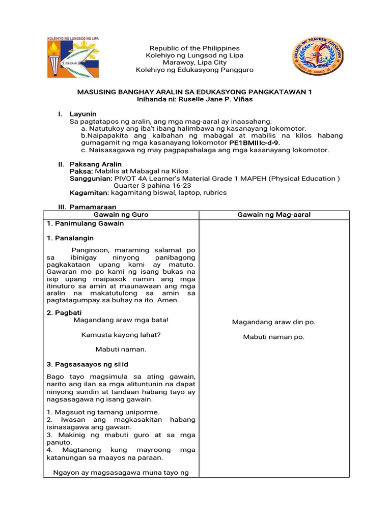 Lesson Plan in P.E | PDF