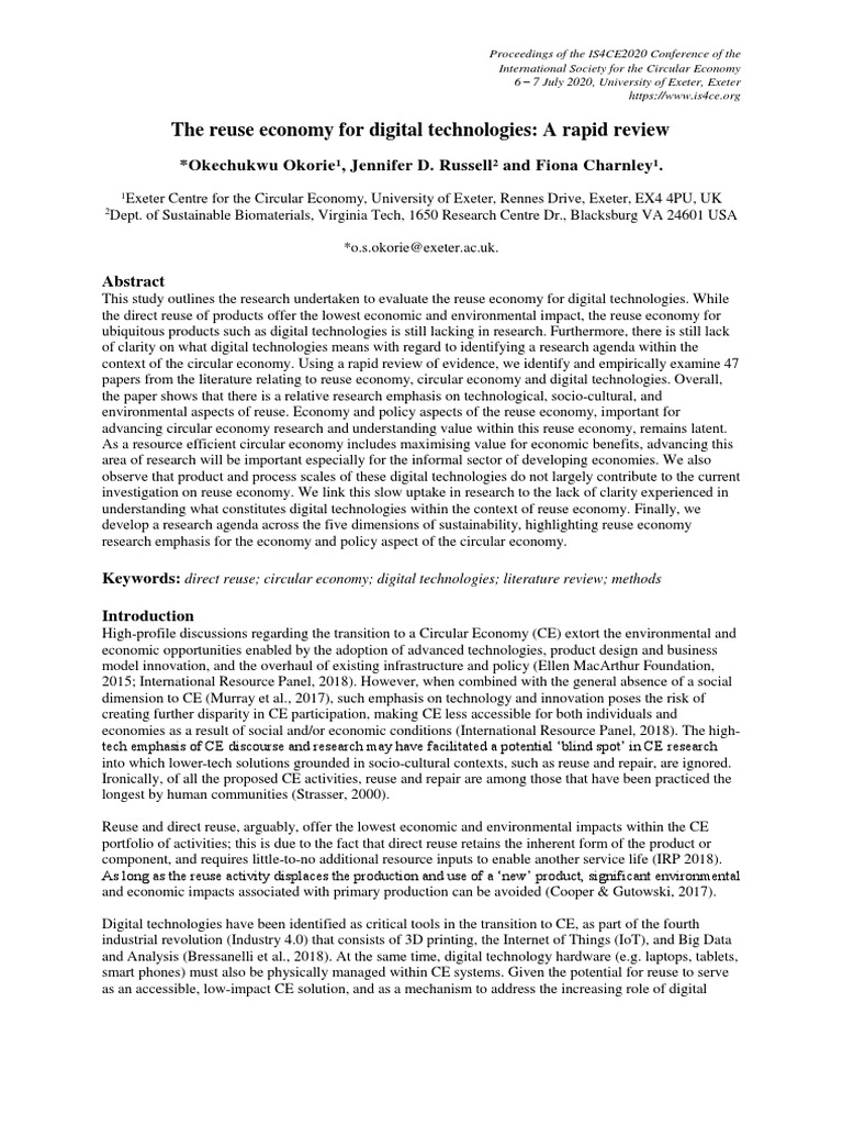 Okorie, Russell, Charnley - 2020 - The Reuse Economy For Digital ... Okorie, Russell, Charnley - 2020 - The Reuse Economy For Digital ...