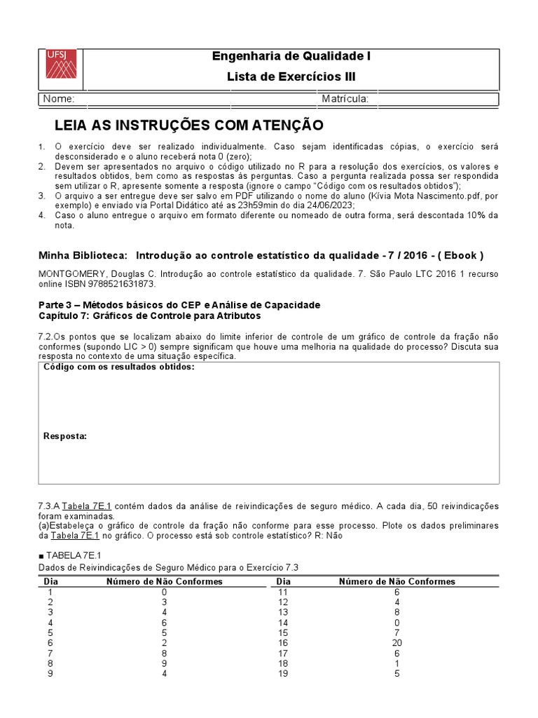 EQI - Lista de Exercícios III | PDF | Probabilidade | Amostragem (Estatística)