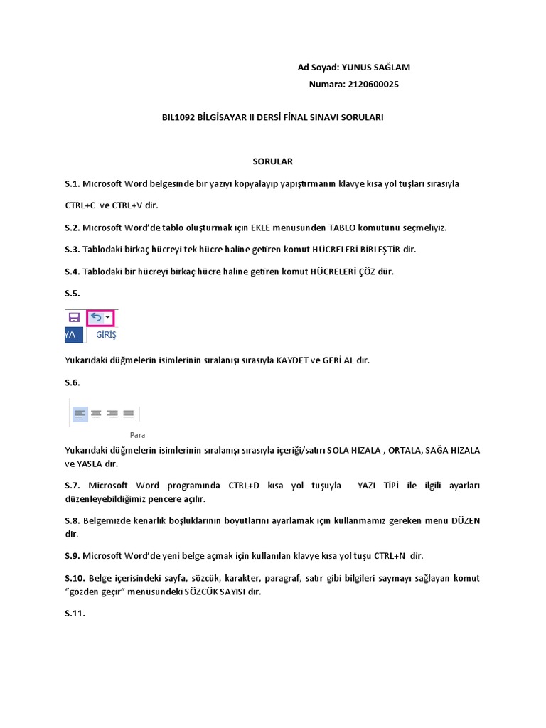 Bi̇lgi̇sayar II Dersi̇ Fi̇nal Sinavi (Hazi̇ran 2023) | PDF