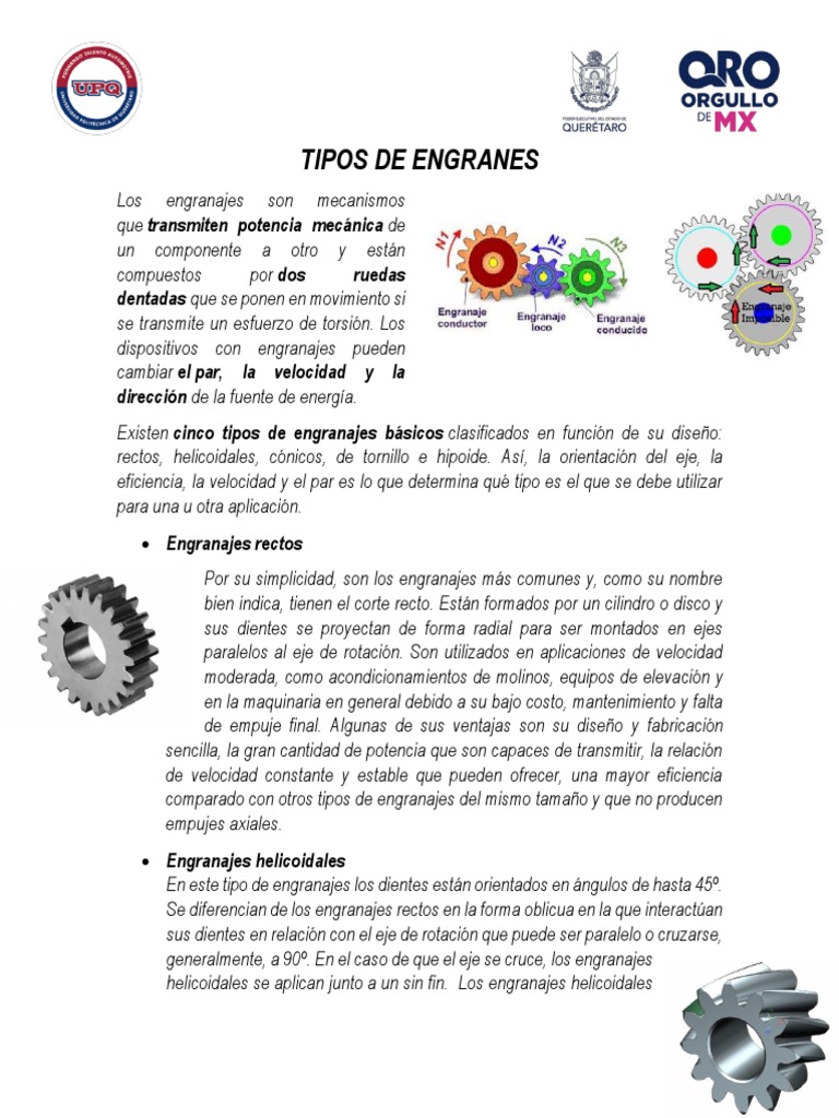 Tipos de Engranes | Descargar gratis PDF | Engranaje | Cinemática