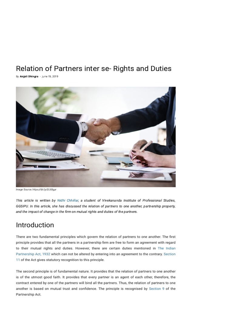 Relation of Partners Inter Se - Rights and Duties - IPleaders | PDF ...