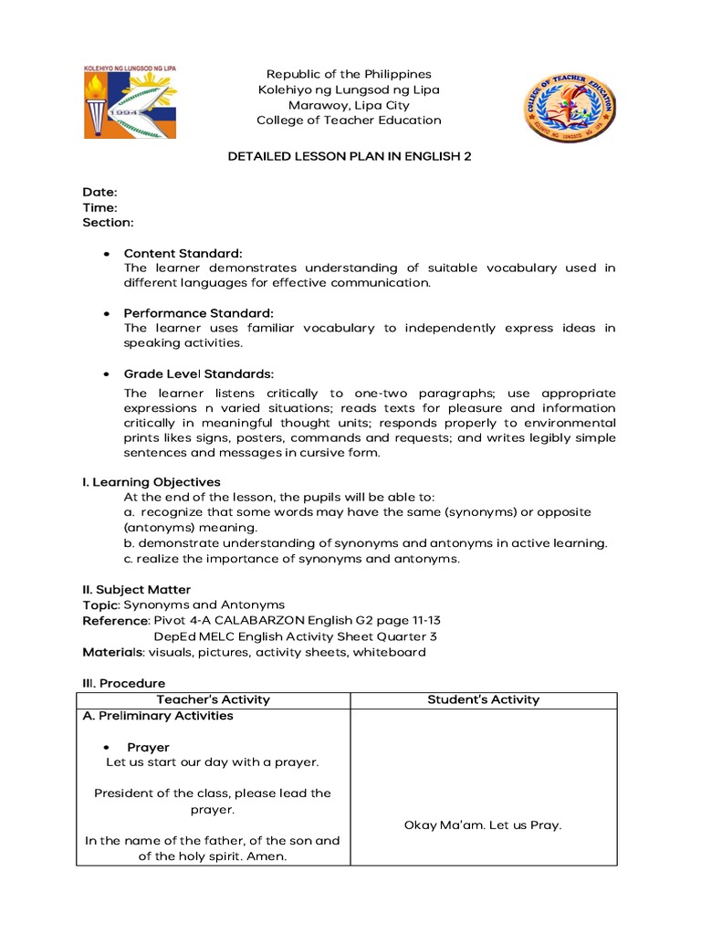 English Lesson Plan | PDF | Vocabulary | Lesson Plan