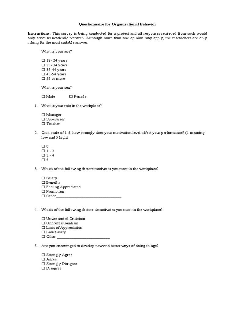 Questionnaire for Organizational Behaviour | PDF | Motivation ...