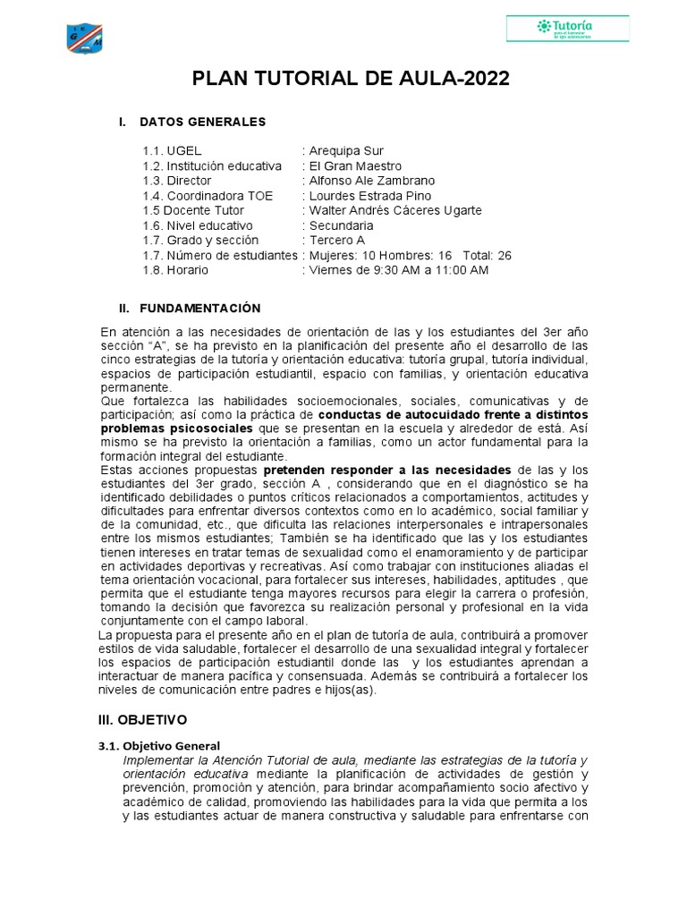 PLAN TUTORIAL DE AULA | PDF | Salón de clases | Las emociones