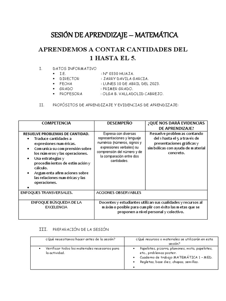 APRENDEMOS A CONTAR CANTIDADES DEL 1 HASTA EL 5 | PDF | Aprendizaje ...