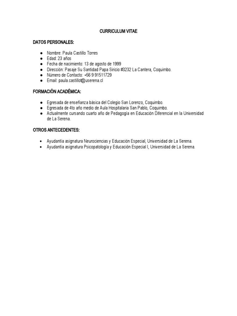 Curriculum Vitae Paula Castillo Torres | PDF